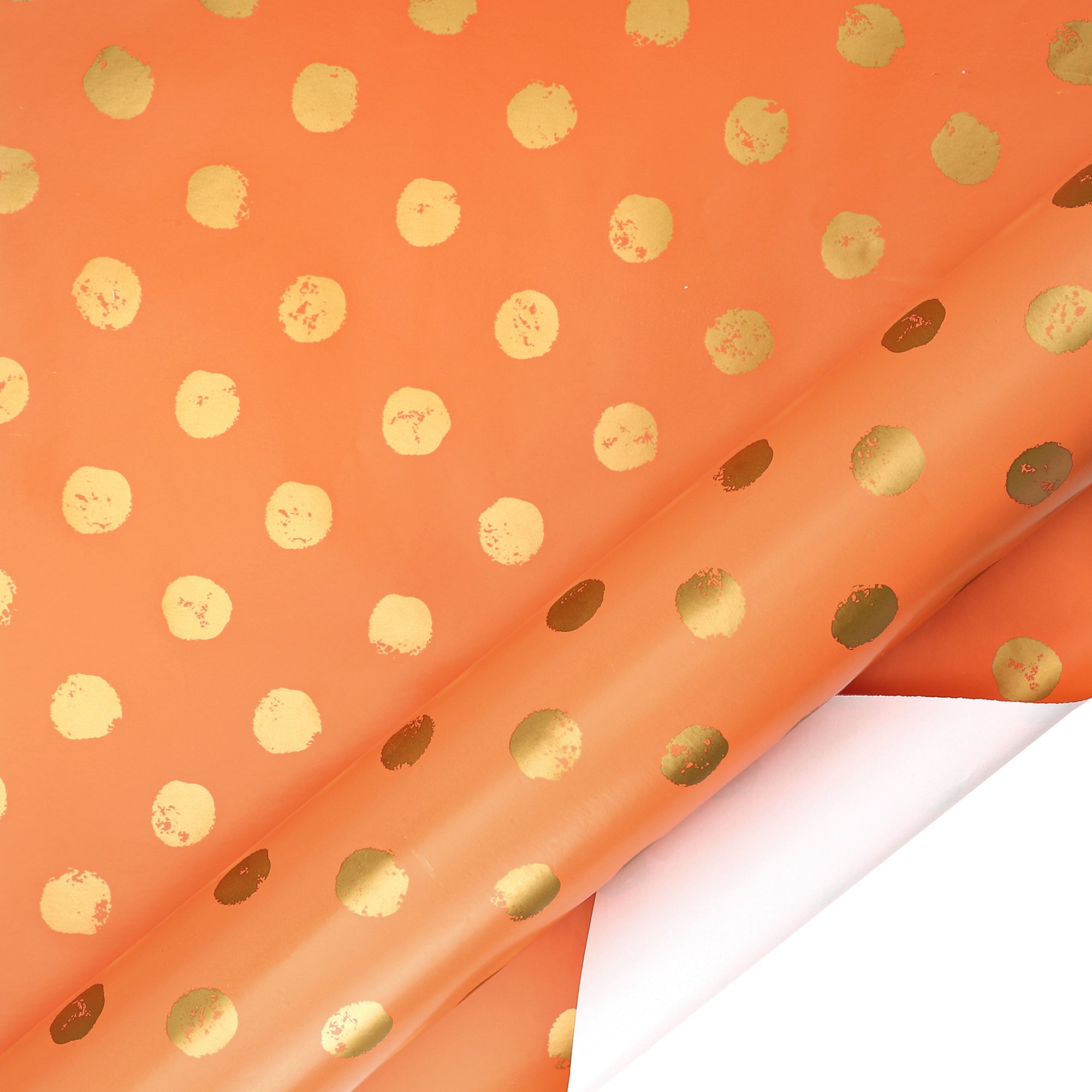 24" x 417' Wrapping Paper Half Ream | Orange w/ Metallic Gold Polka Do
