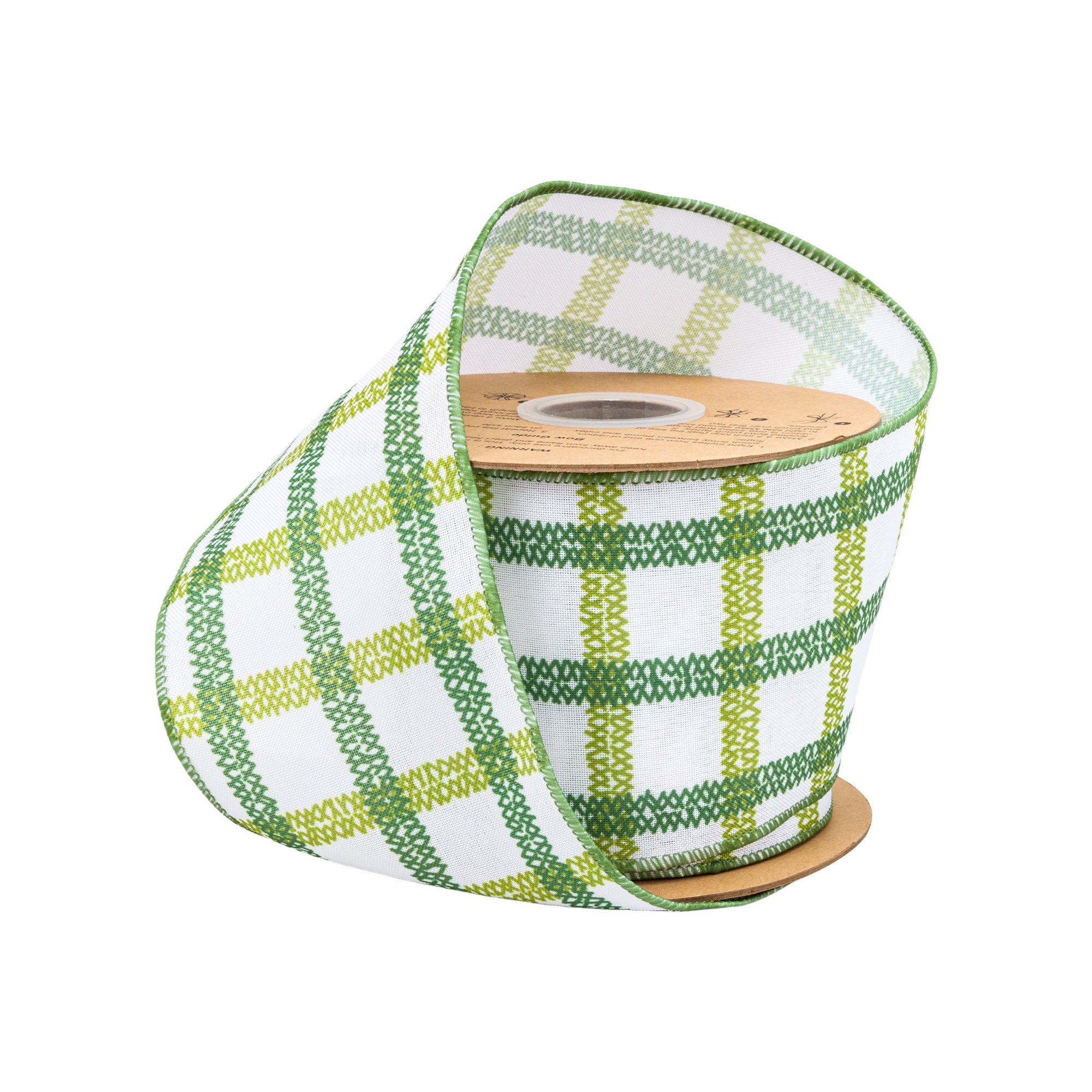 4" Wired Ribbon | Green Grid on White Linen | 10 Yard Roll