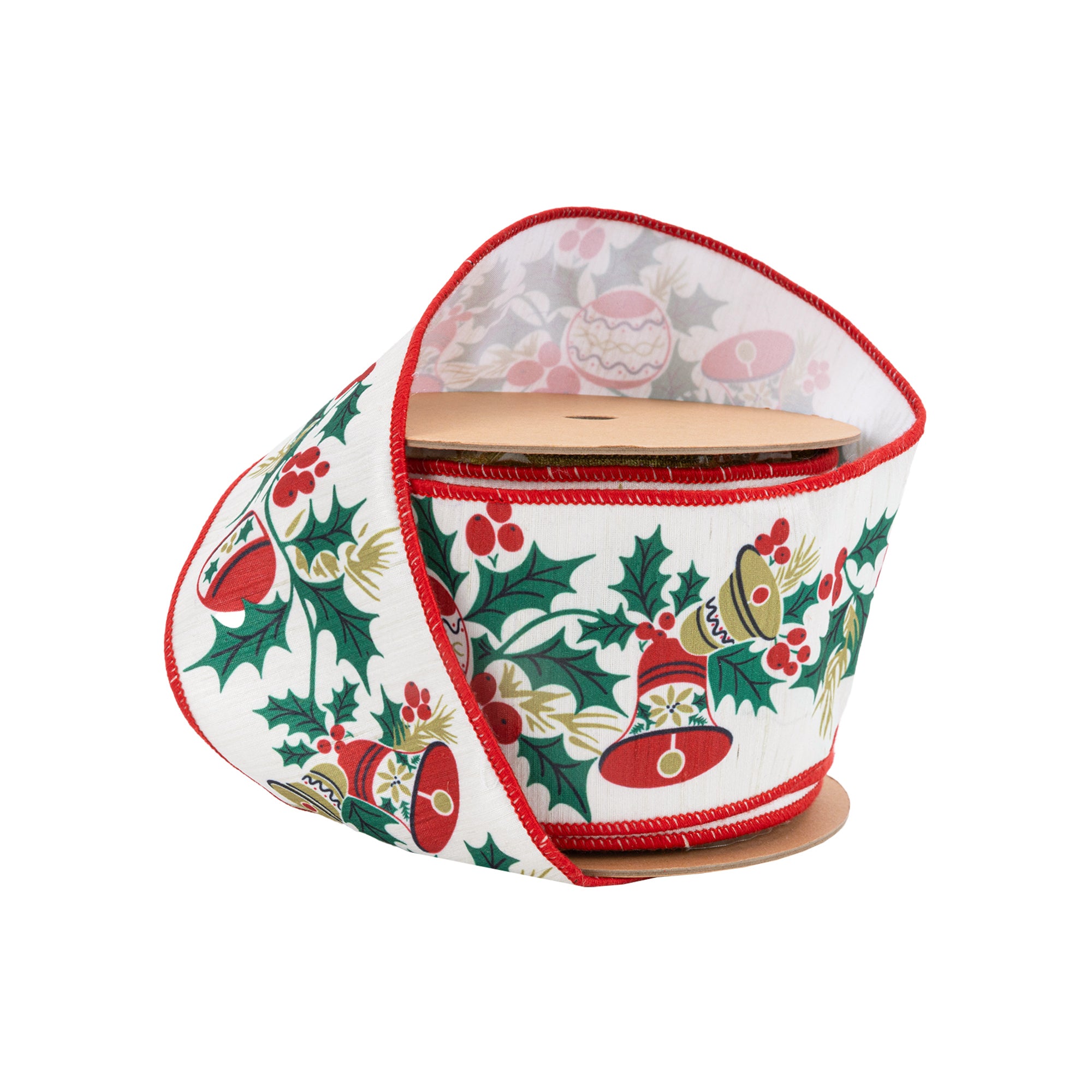 4" Wired Ribbon | Vintage Holly and Bells on Off-White | 10 Yard Roll