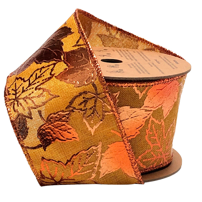 2 1/2" Wired Ribbon | "Metallic Maple Leaf" Marigold/Copper | 10 Yard