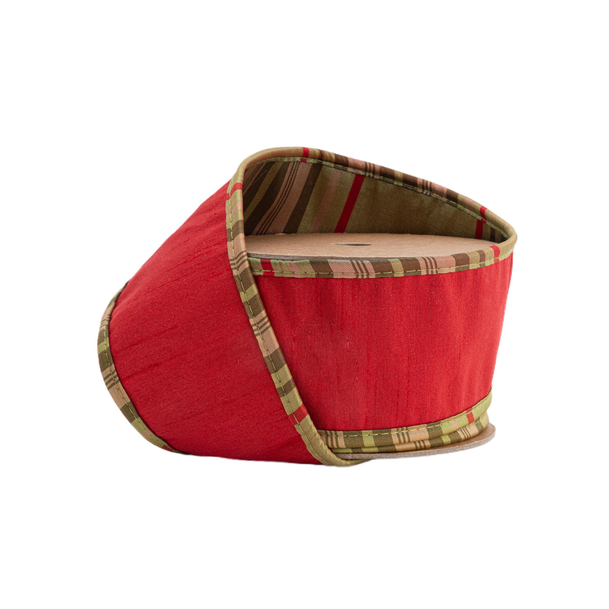 2 1/2" Wired Dupioni Ribbon | Red w/ Moss Plaid Piping and Backing | 1