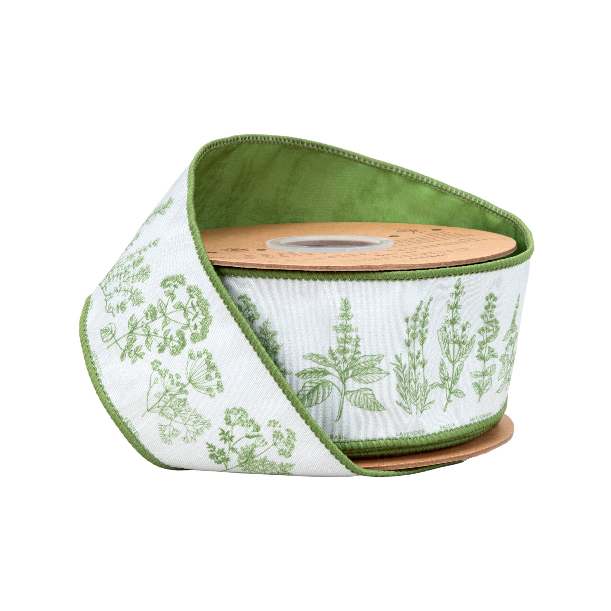 2 1/2" Wired Dupioni Ribbon | Herb Sprigs on White w/ Green Backing