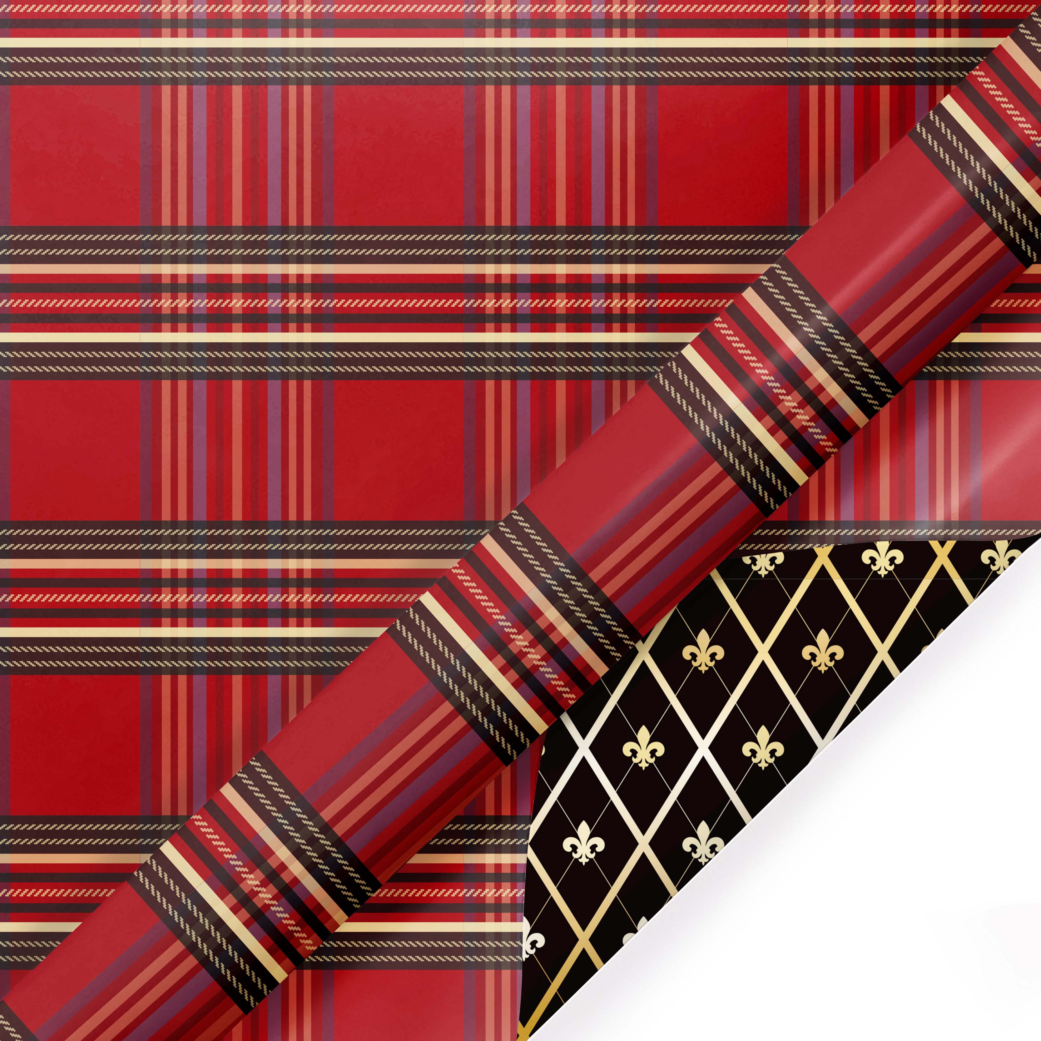 30" x 10' Reversible Holiday Wrapping Paper | Windowpane Plaid/Harlequ