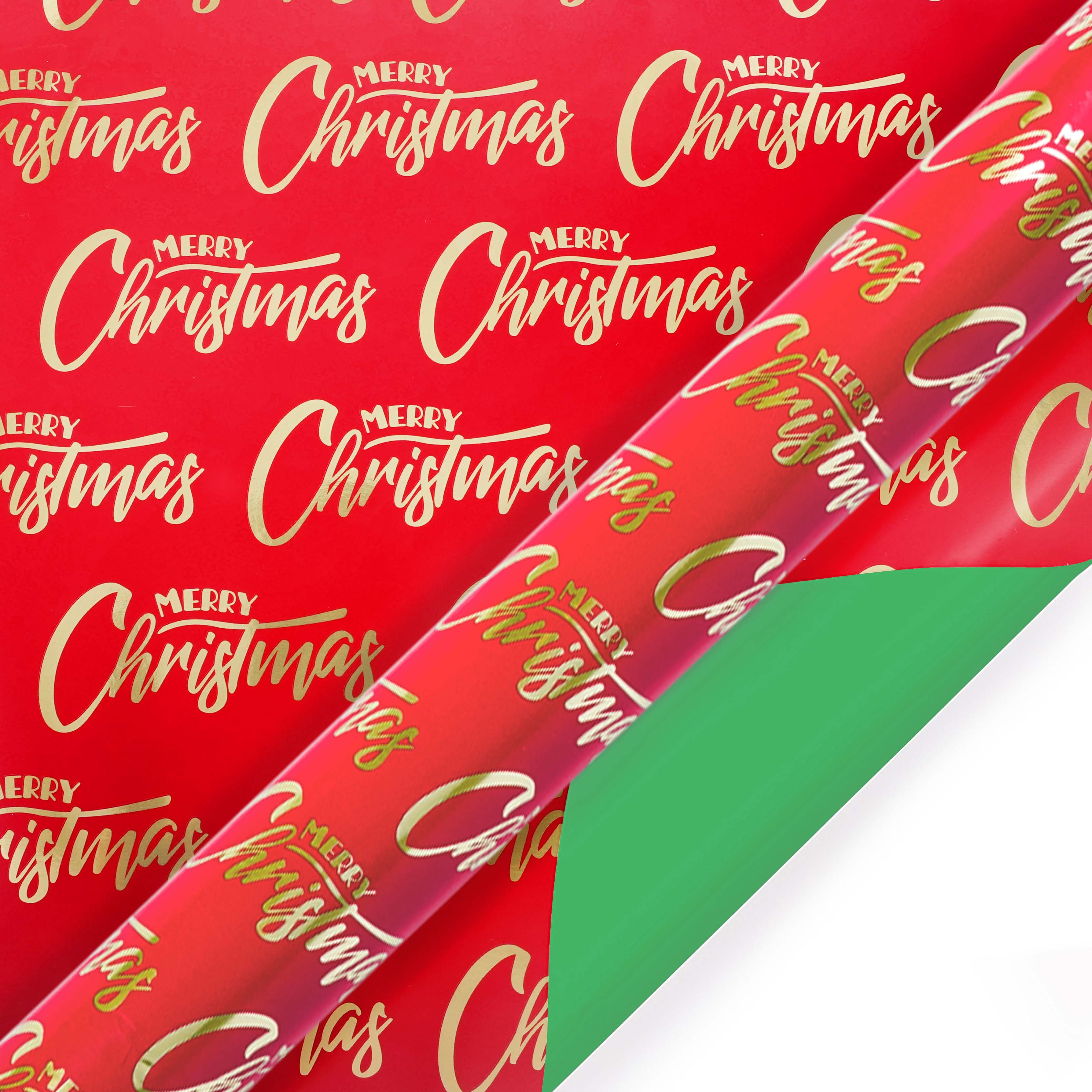 30" x 10' Reversible Holiday Wrapping Paper | Merry Christmas Red and