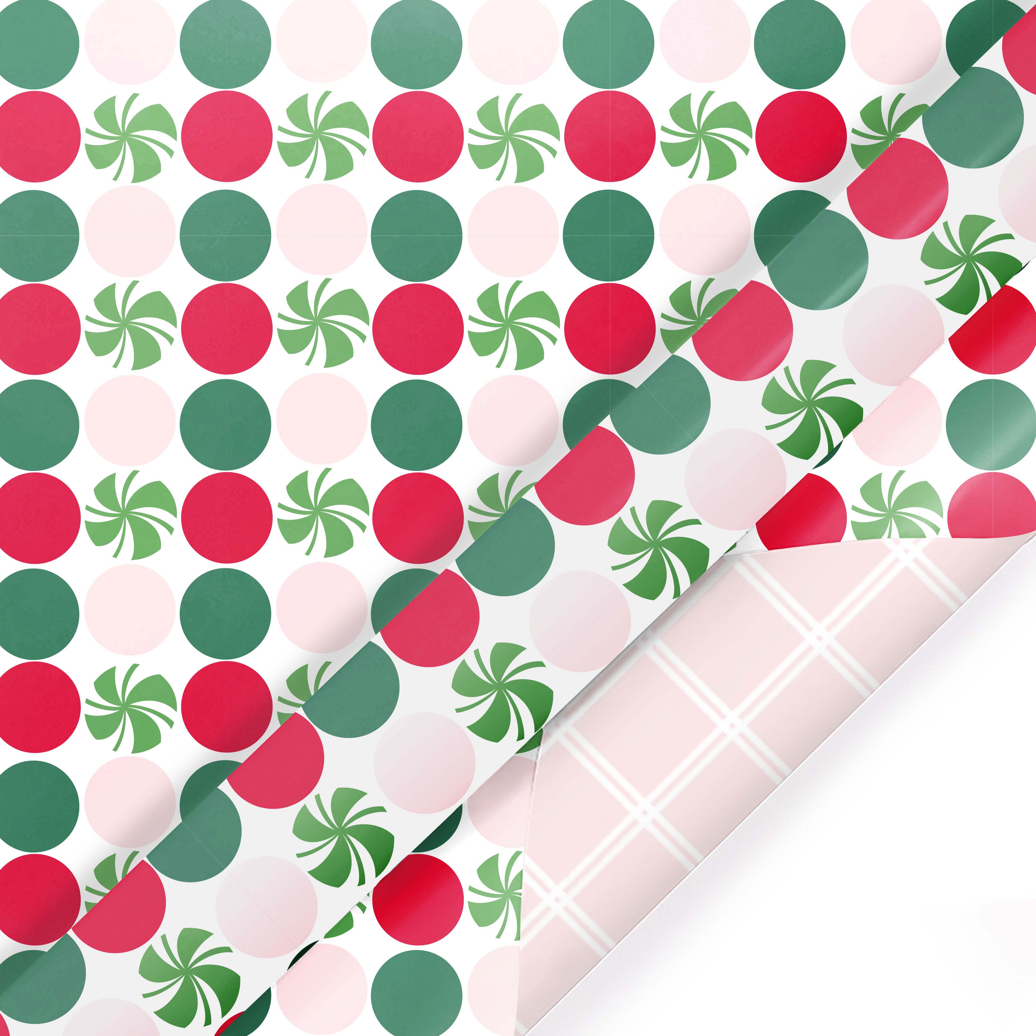 30" x 10' Reversible Holiday Wrapping Paper | Peppermint Dots/Pink and